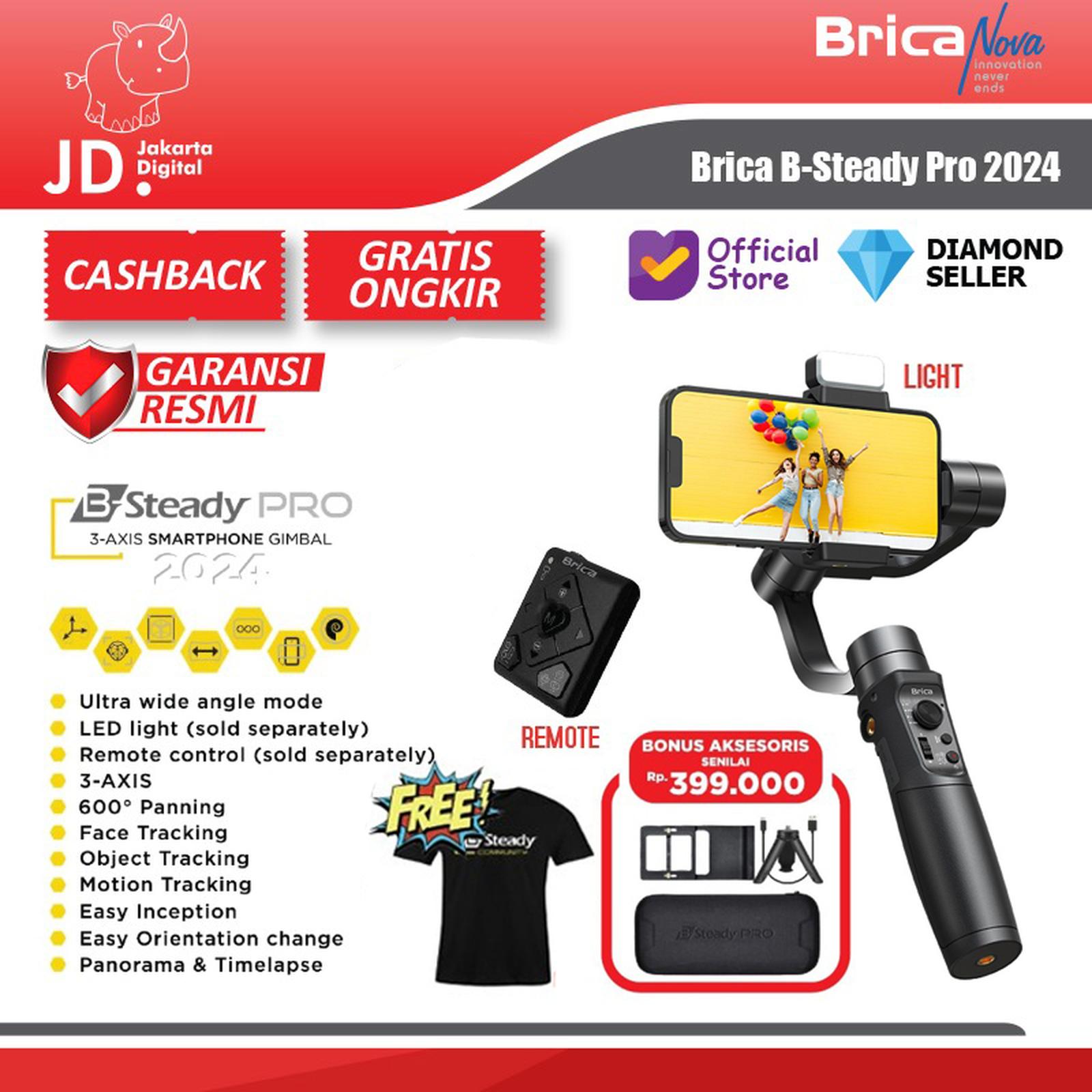BRICA B-STEADY PRO 2024 | Gimbal Stabilizer 3-Axis dengan LED & Ultra Wide Mode - Sabira